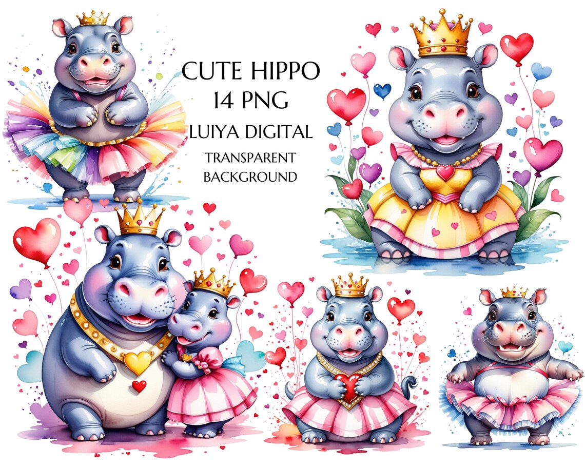 Watercolor Valentine Hippo Clipart, Love Clipart, Cute Hippo Png, Baby ...