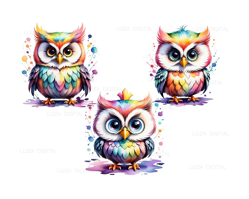 Colorful Cute Owl Clipart, Bundle Vibrant Colors, Watercolor Floral Owl ...