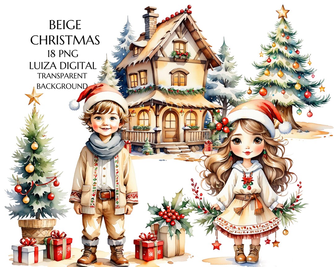 Beige Christmas Clipart Bundle, Christmas Girl & Boy Clipart, Cute ...