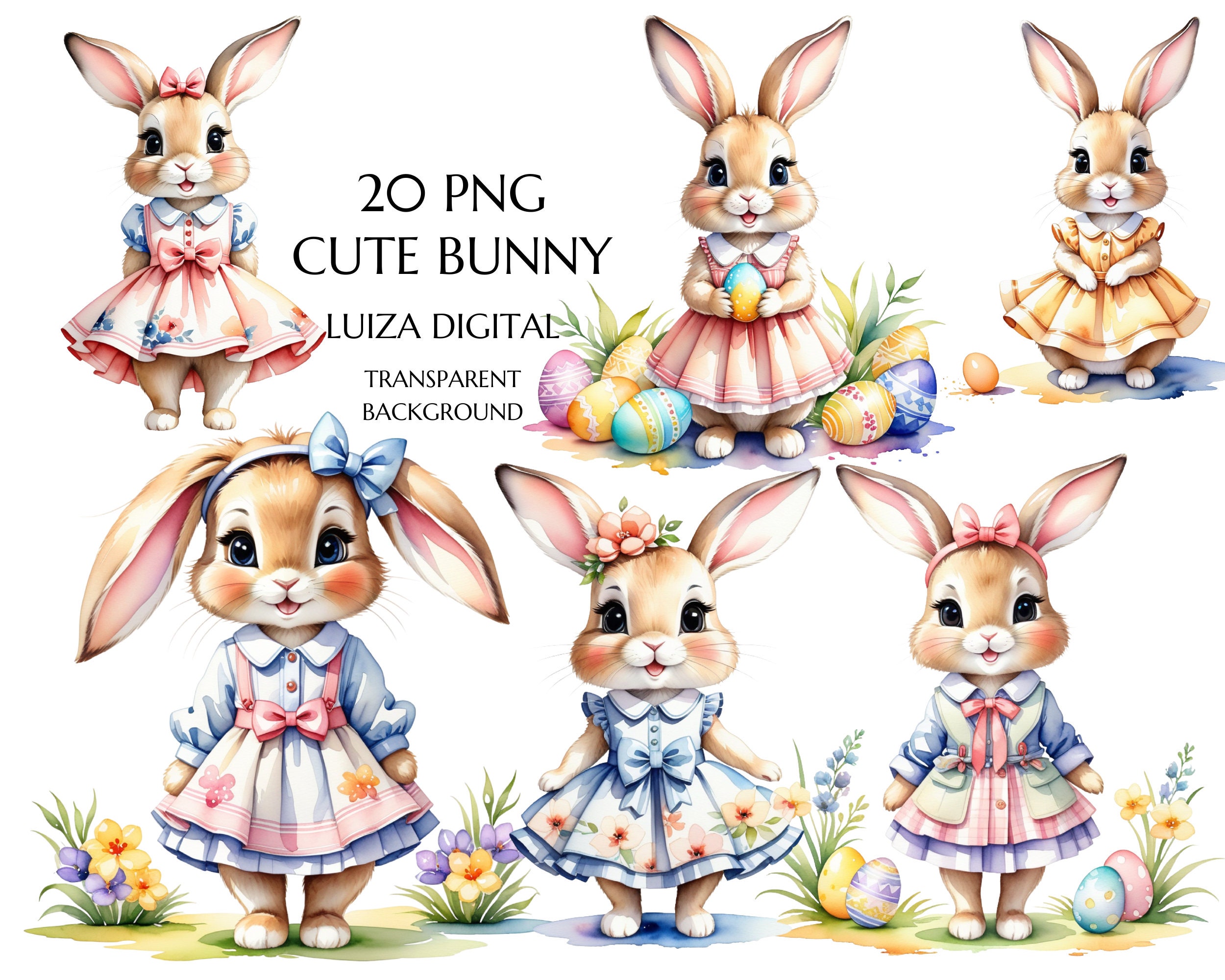Watercolor Floral Bunny Clipart, Girl Easter Bunny in Dress Clipart ...