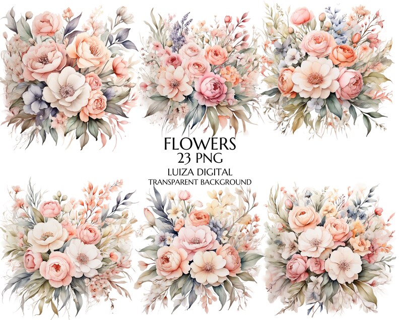 Boho Floral Clipart, Bohemian Bouquet Clipart, Spring Flowers Clipart ...