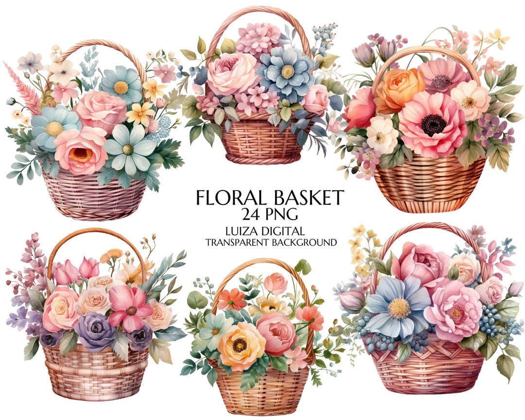 Watercolor Floral Basket Clipart, Country Farmhouse Flowers, Spring ...
