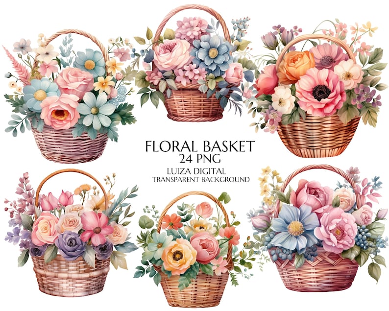 Watercolor Floral Basket Clipart, Country Farmhouse Flowers, Spring ...