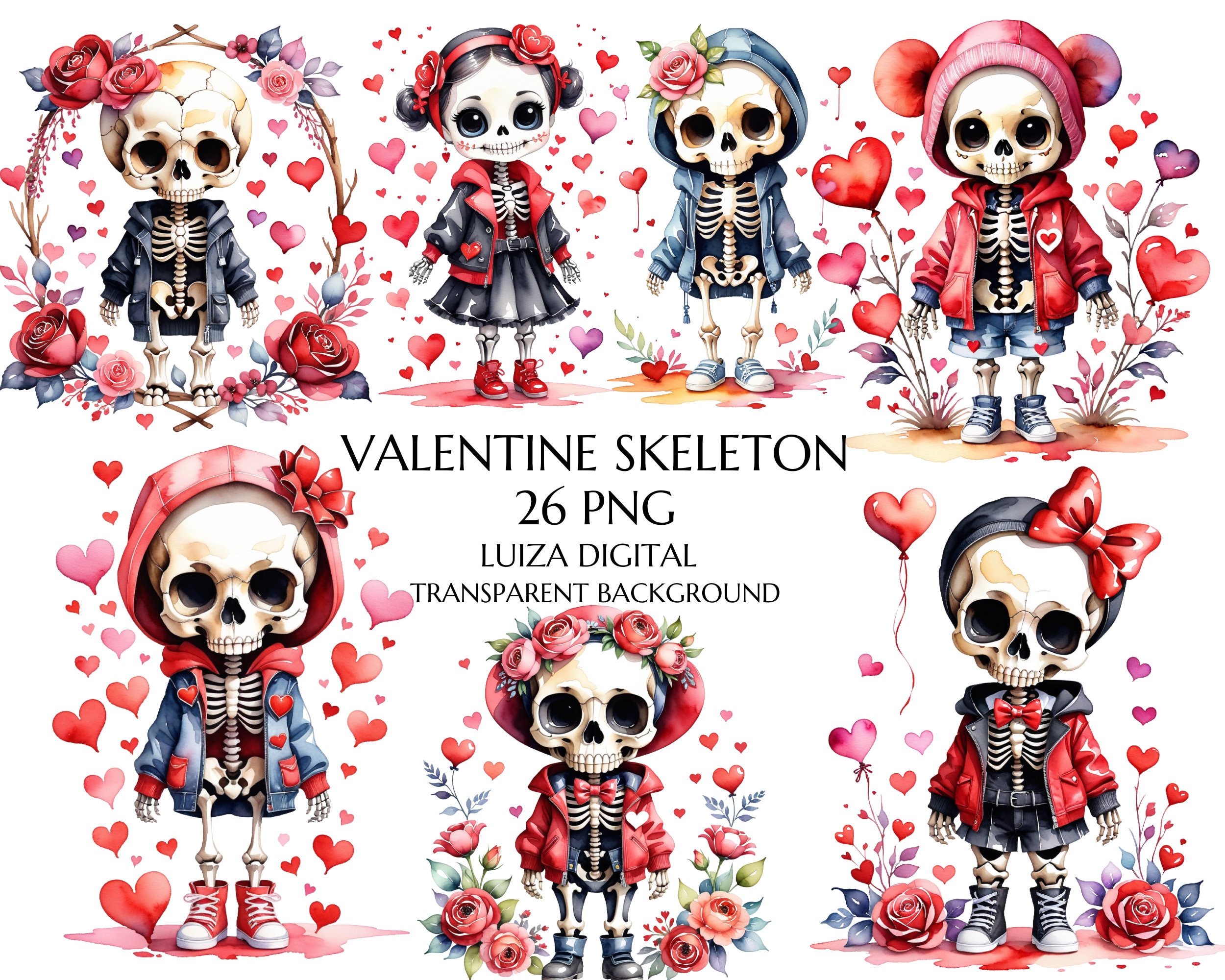 Valentine Skeleton Watercolor Clipart PNG, Cute Spooky Valentine Clip ...