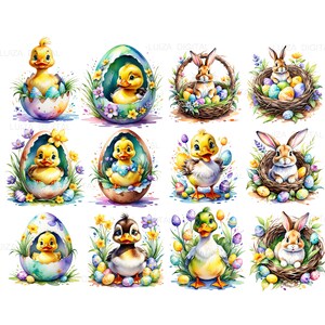 Spring Flowers Bunny Clipart, Easter Duckling Clipart, Easter Garden ...