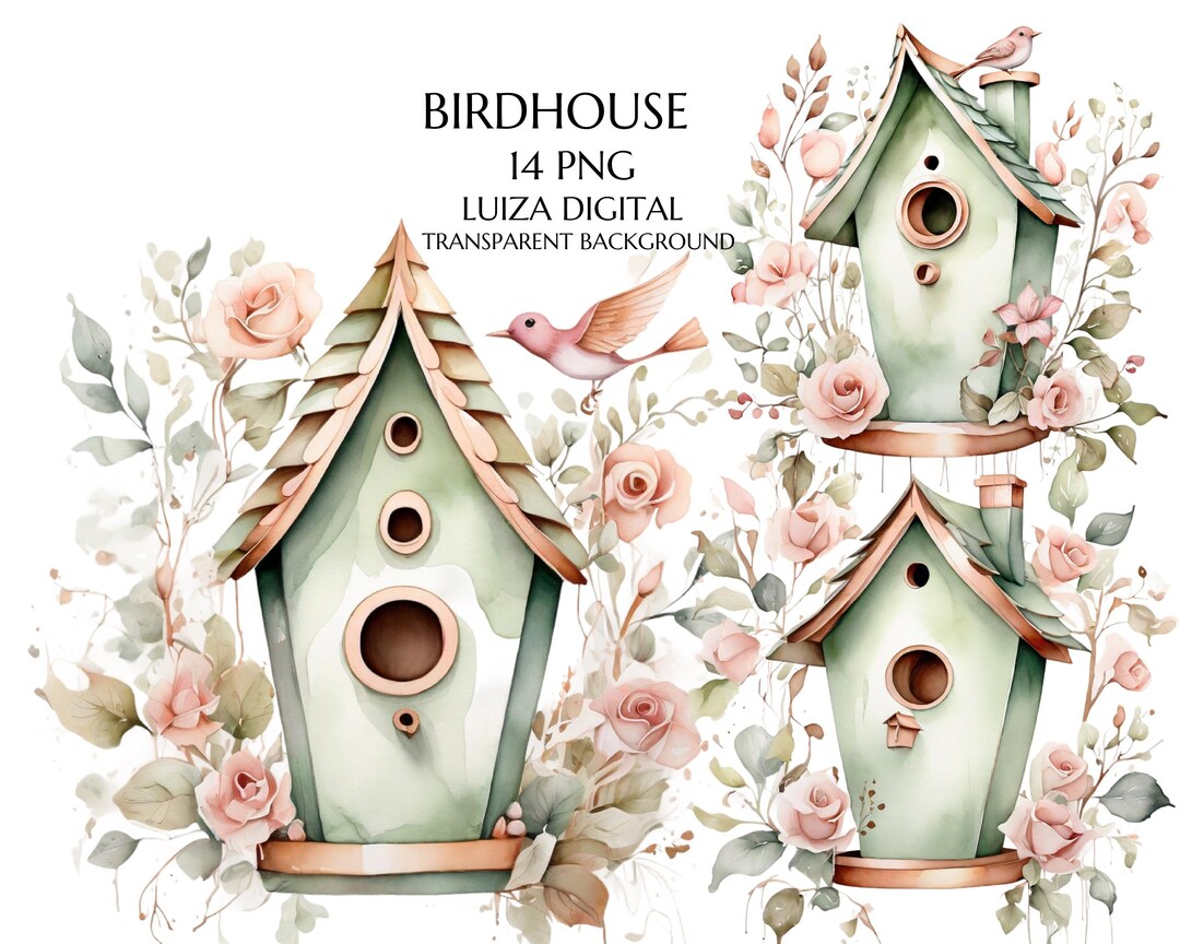 Watercolor Bird Houses Clipart, Springtime Cute Birdhouses and Flowers ...
