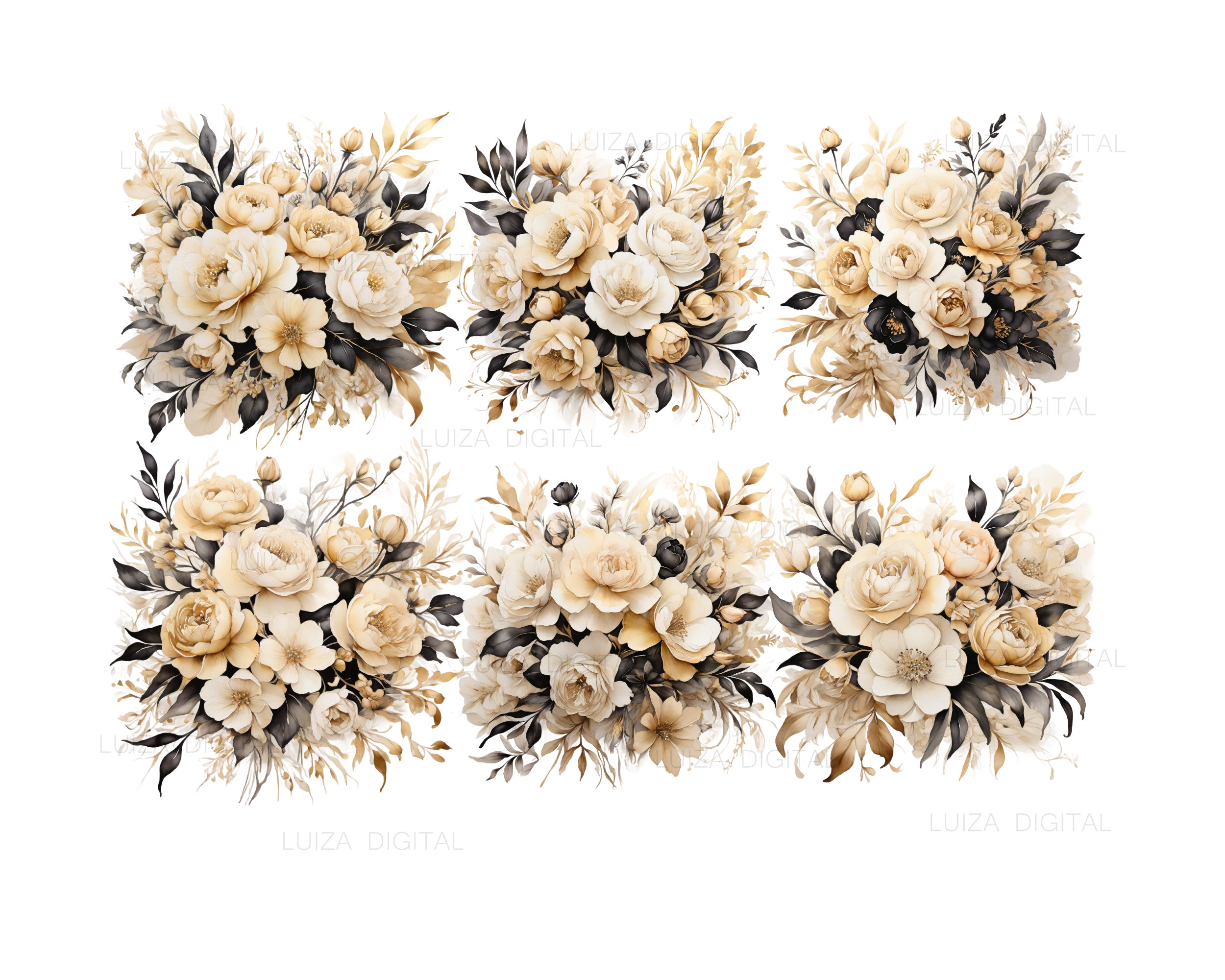 Black and Gold Flowers PNG, Watercolor Floral Clipart Bouquets, Wedding ...