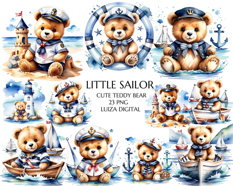 Cute Sailor Teddy Bear Clipart, Nautical Nursery Clipart, Baby Teddy ...