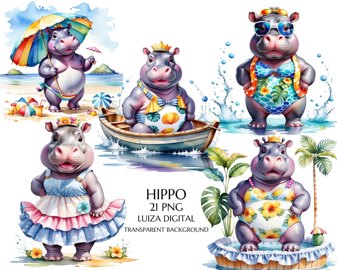 Funny Hippo Clipart, Summer Season, Watercolor Sublimation, Beach ...