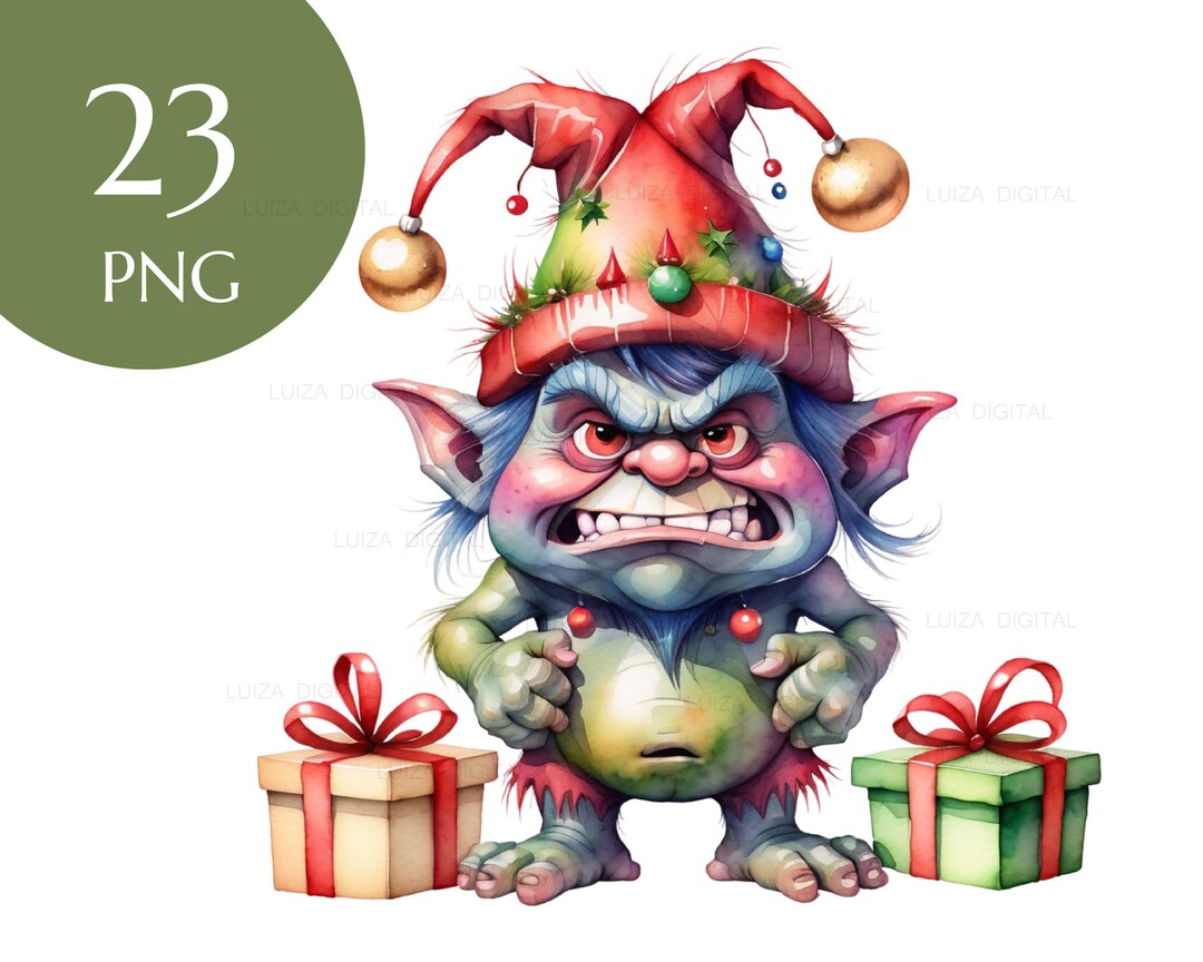 Watercolor Christmas Grumpy Troll Clipart Bundle, Grumpy Christmas ...