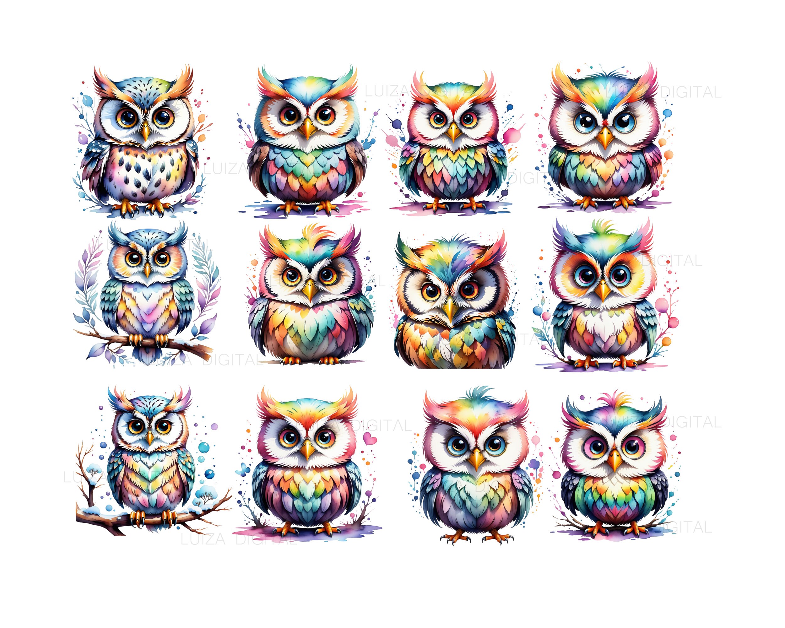 Colorful Cute Owl Clipart, Bundle Vibrant Colors, Watercolor Floral Owl ...