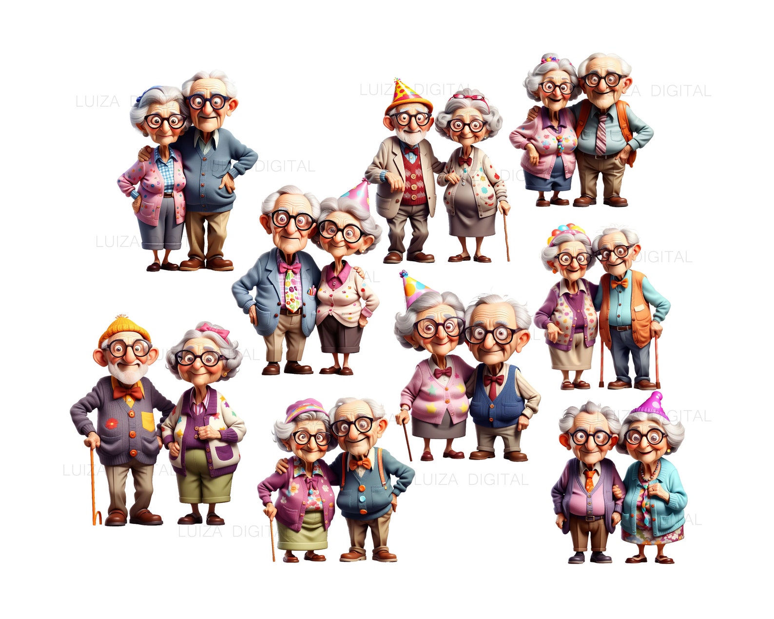 Cute Happy Old Couple Clipart Bundle, Old Lady and Old Man PNG ...