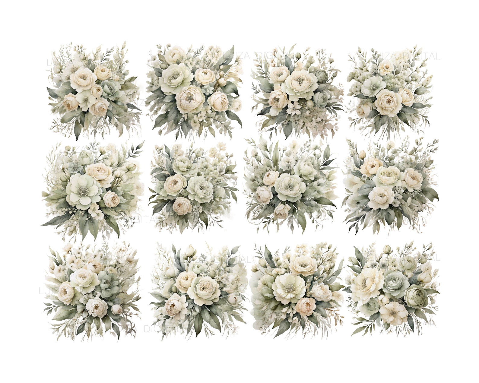 Sage Green and Ivory Flowers PNG, Watercolor Floral Clipart Bouquets ...