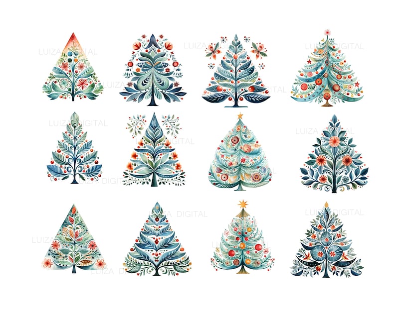 Scandinavian Christmas Tree Clipart, Watercolor Folk Christmas Tree PNG ...