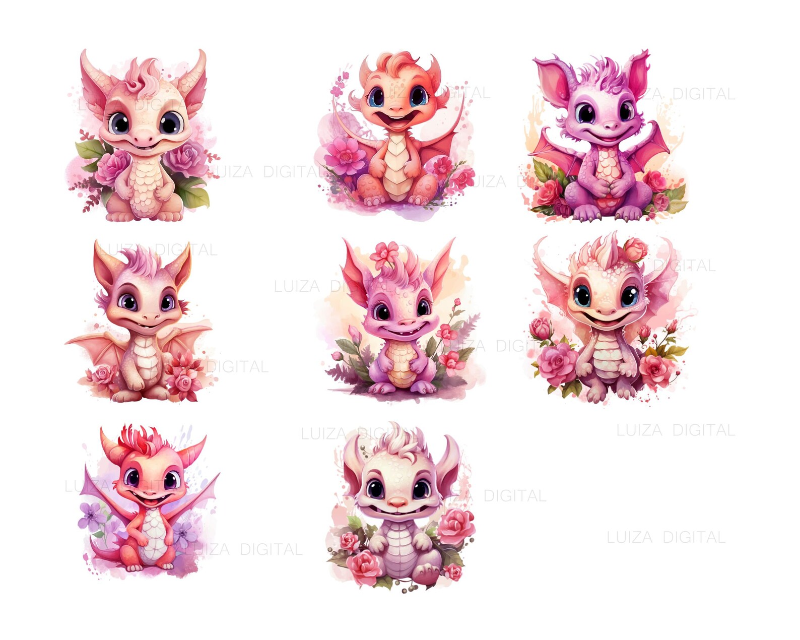 Cute Pink Baby Dragon Clipart Bundle, Watercolor Fantasy Floral Dragon ...