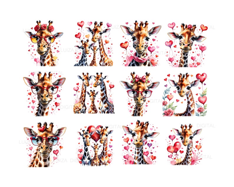 Watercolor Valentine Giraffe Clipart Bundle, Baby Giraffe PNG, Floral ...