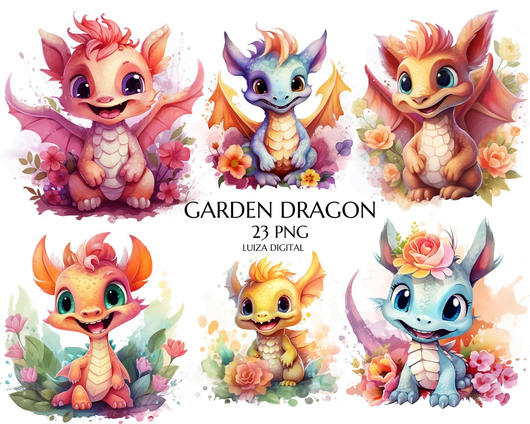 Cute Baby Dragon Clipart Bundle, Watercolor Fantasy Floral Dragon ...