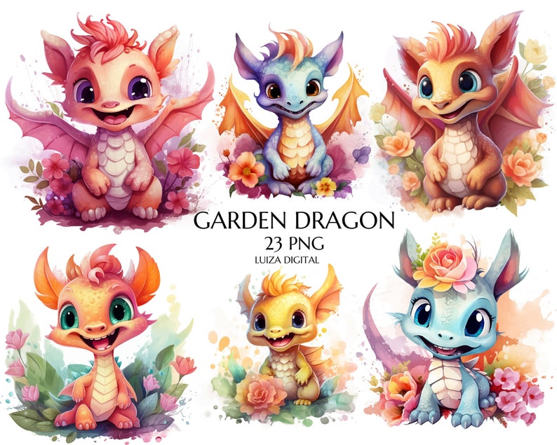 Cute Baby Dragon Clipart Bundle Watercolor Fantasy Floral - Etsy