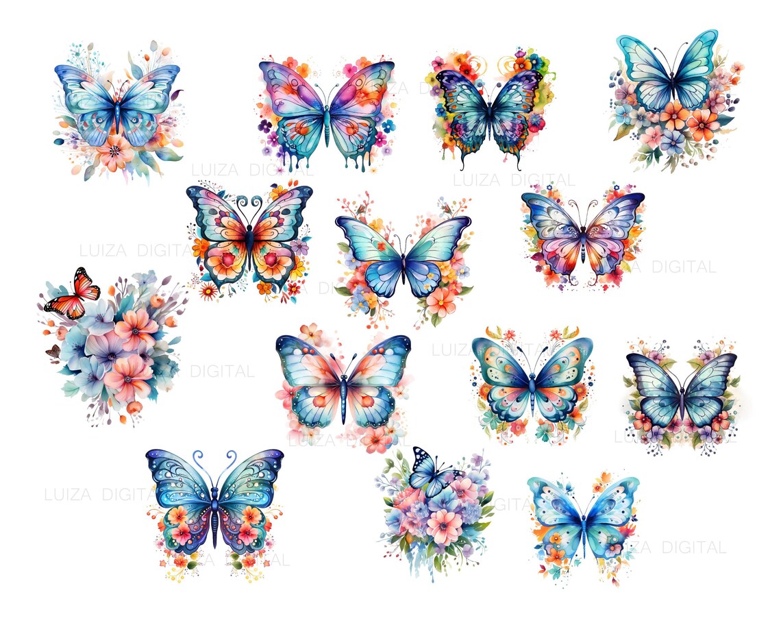 Watercolor Floral Fantasy Butterfly Clipart, Fairy Garden Clipart ...