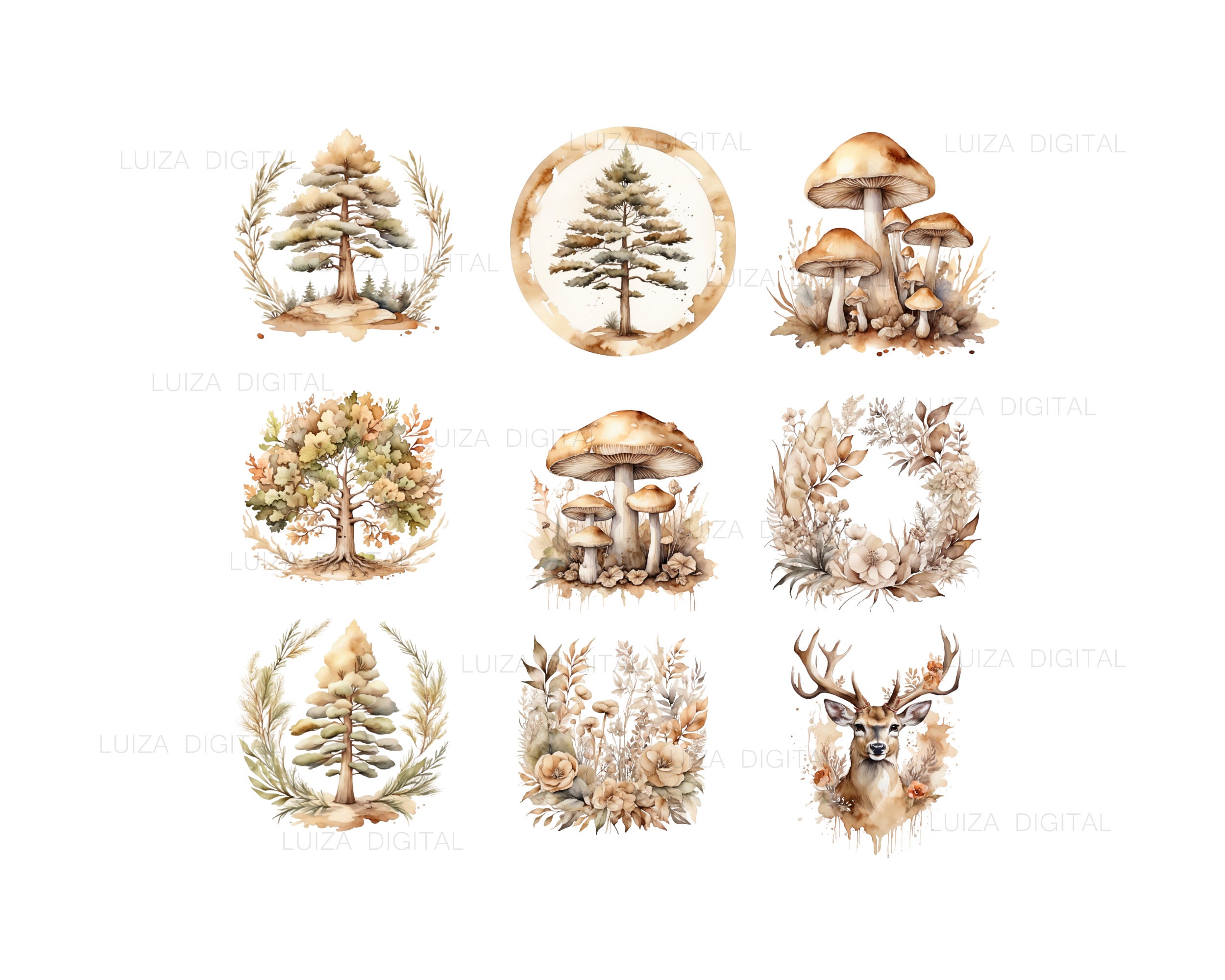 Woodland Clipart, Woodland Animals, Trees, Mushrooms Clipart, Bear, Fox ...
