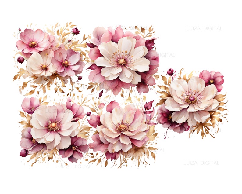 Pink and Gold Flowers PNG, Watercolor Magenta Floral Clipart Bouquets ...