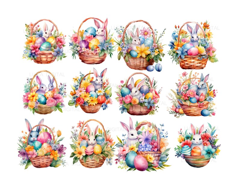 Easter Basket Clipart, Easter Bunny Clipart, Spring Wildflowers Easter ...