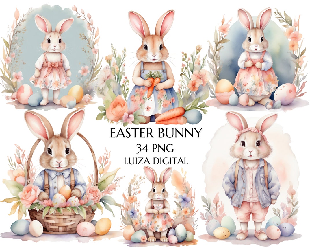 Pale Floral Bunny Clipart, Cute Easter Bunny Clipart, Pastel Watercolor ...