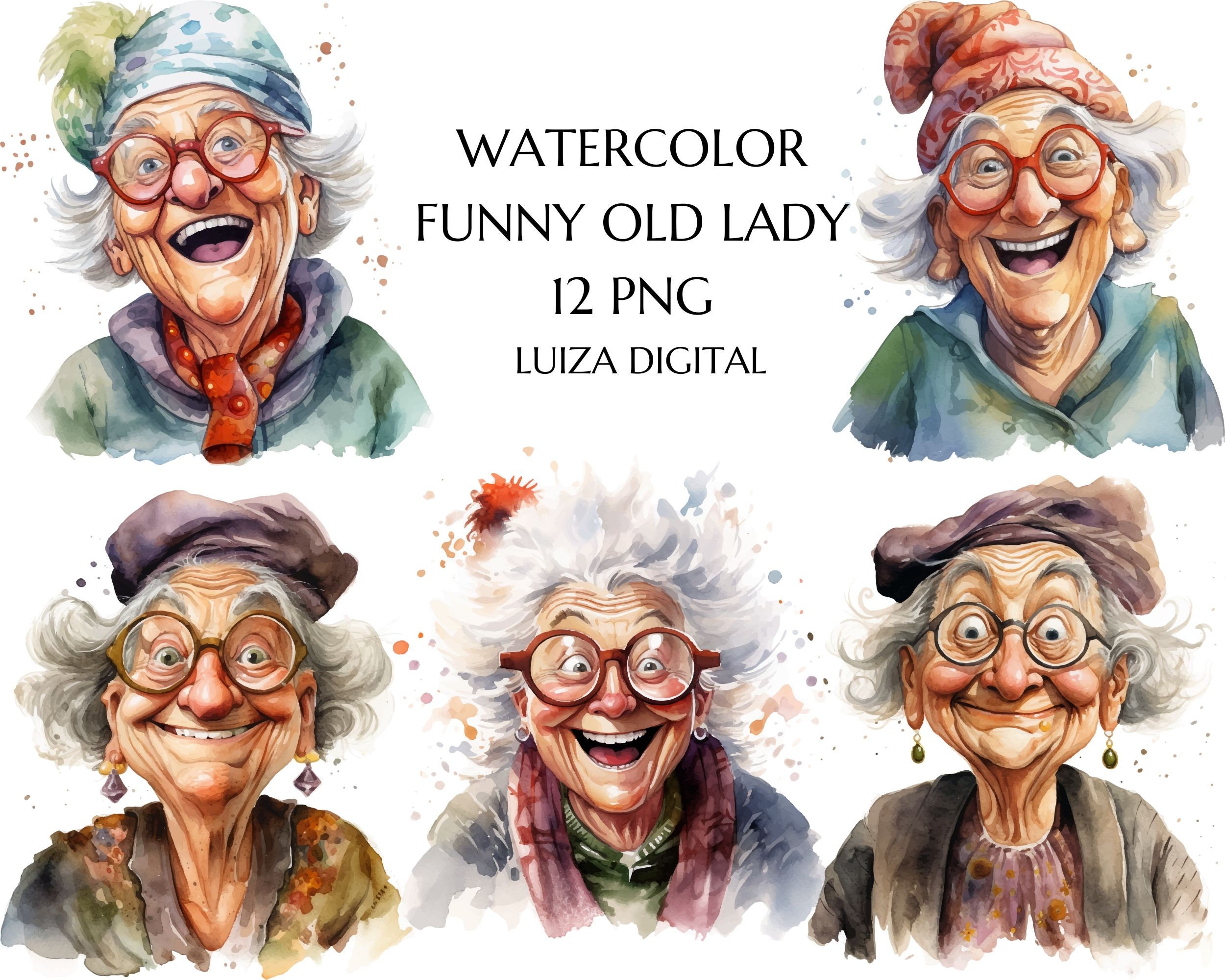 Watercolor Funny Old Lady Clipart, Funny Drunk Old Lady Png, Happy Woman Clipart, Cartoon Funny ...