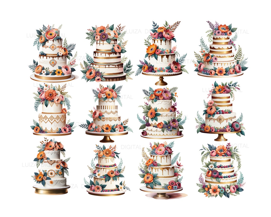 Wedding Cake Clipart, Boho Wedding Cake Clipart, Boho Wedding Flowers ...