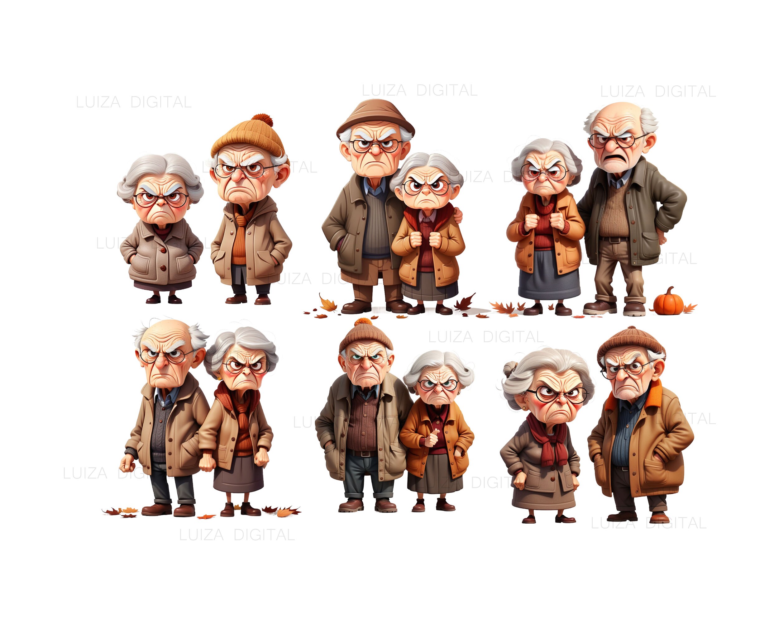 Cute Grumpy Old Couple Clipart, Old Lady and Old Man, Cartoon Grandma ...