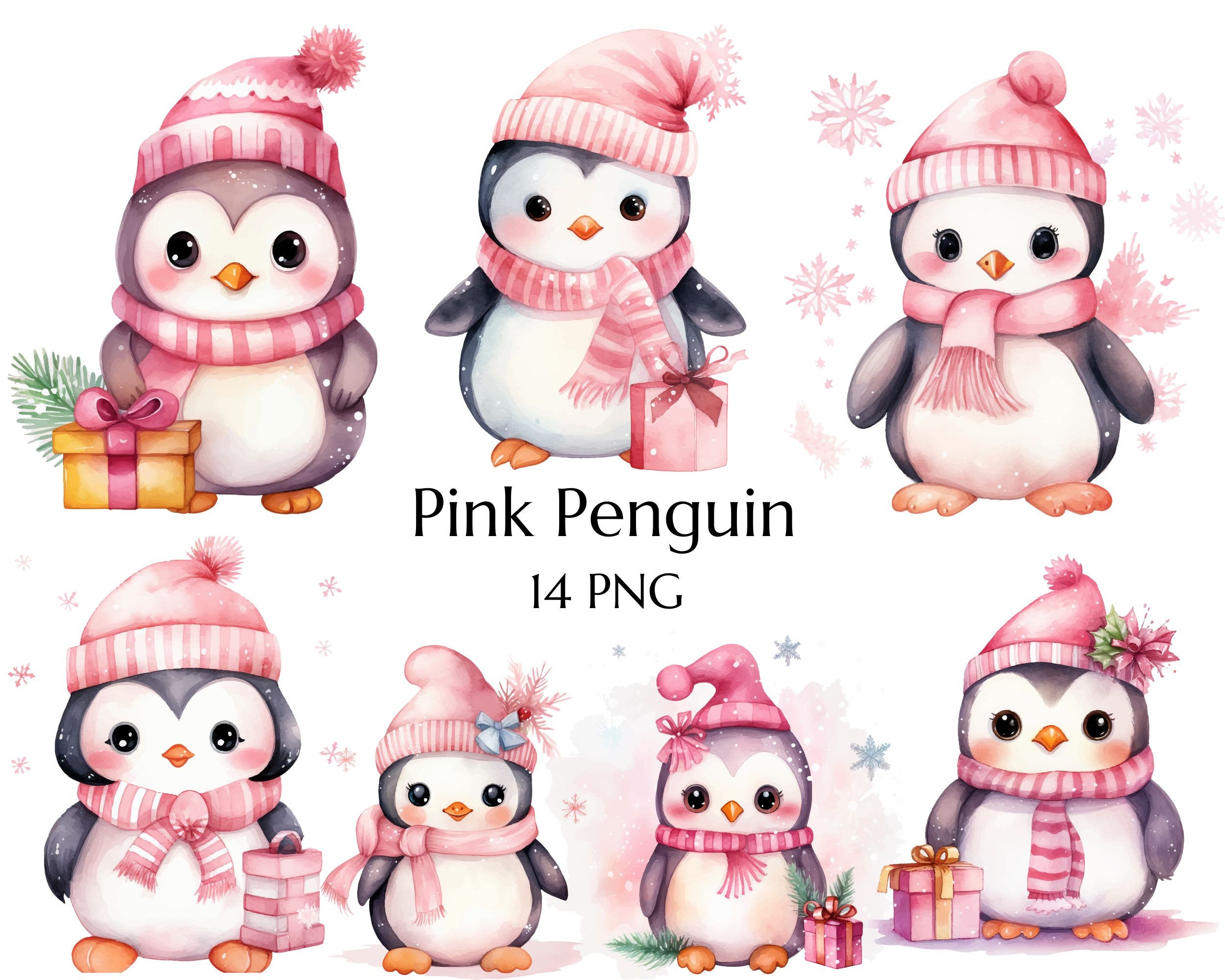 Pink Christmas Penguin Clipart, Pink Watercolor Christmas, Christmas ...