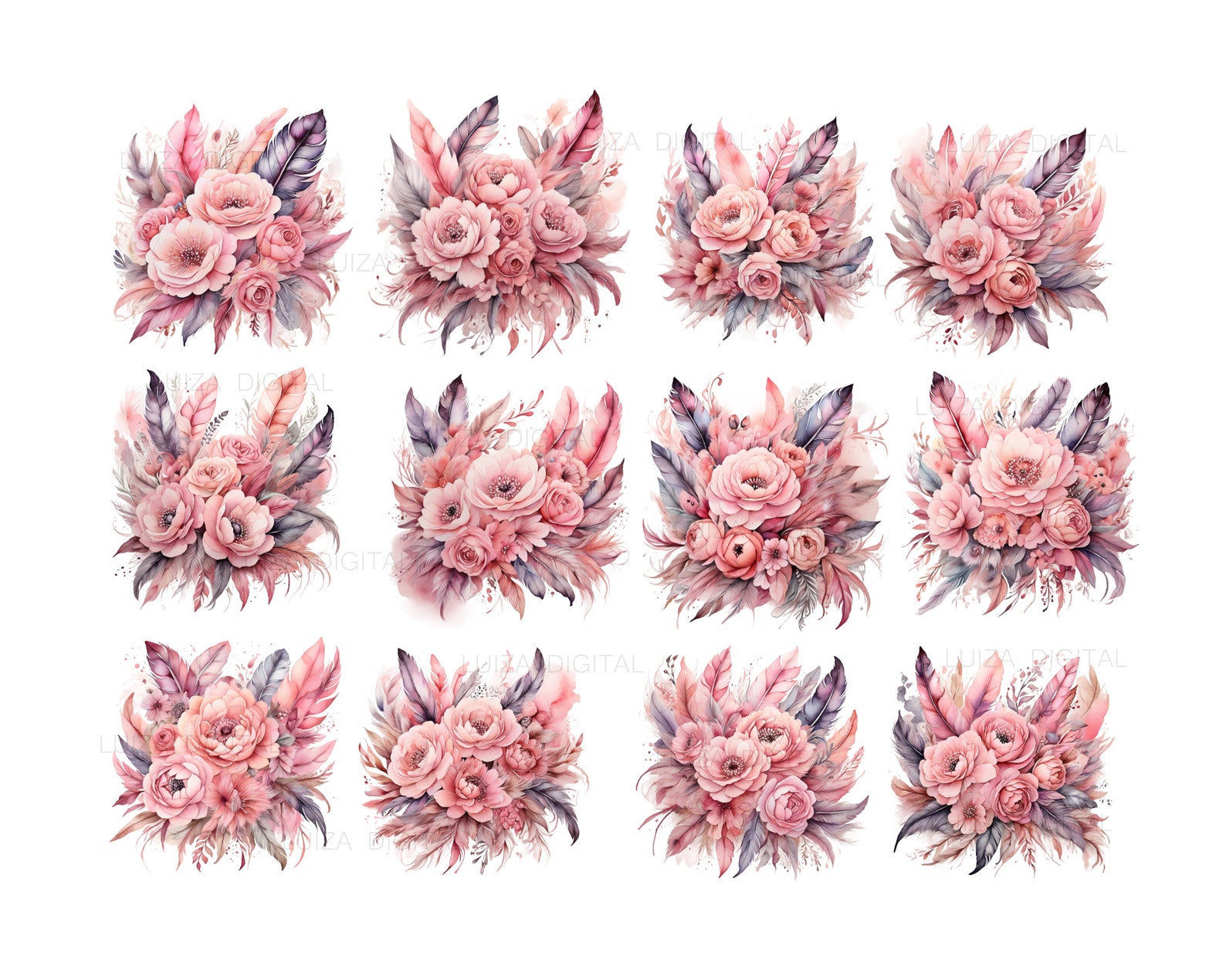 Boho Floral Clipart, Bohemian Bouquet Clipart, Meadow Flowers Clipart ...