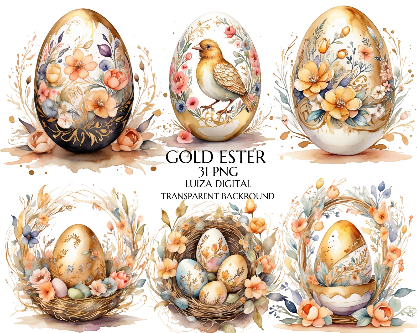 Gold Easter Egg Clipart, Rabbit Clipart, Gold Floral Easter Egg Clipart ...