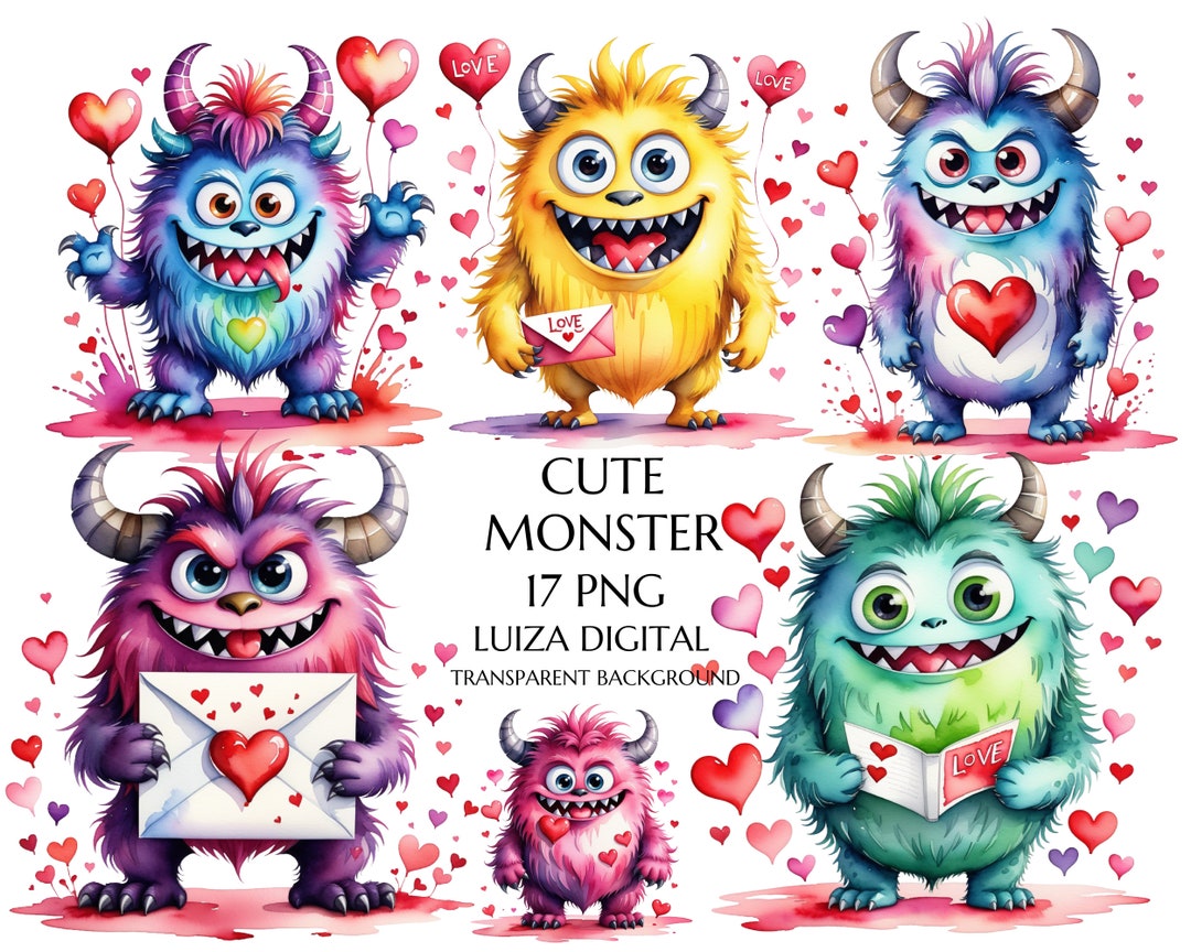 Watercolor Cute Cartoon Valentines Monsters Clipart, 15 PNG Valentines ...