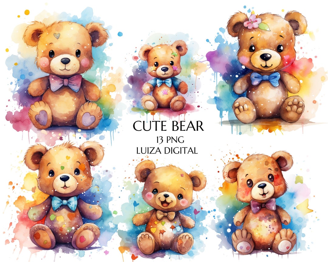 Watercolor Teddy Bear Clipart, Spring Teddy Bear PNG, Newborn Clipart ...