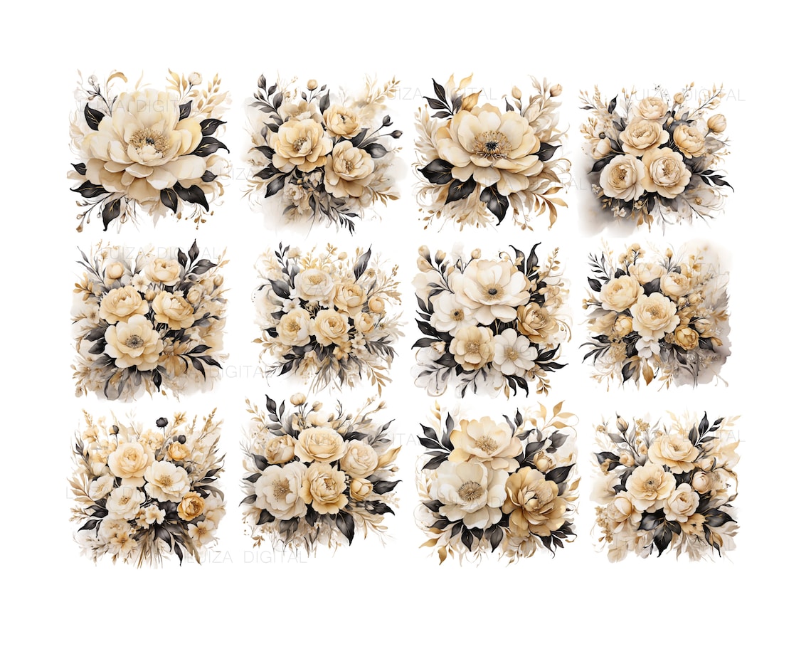Black and Gold Flowers PNG, Watercolor Floral Clipart Bouquets, Wedding ...
