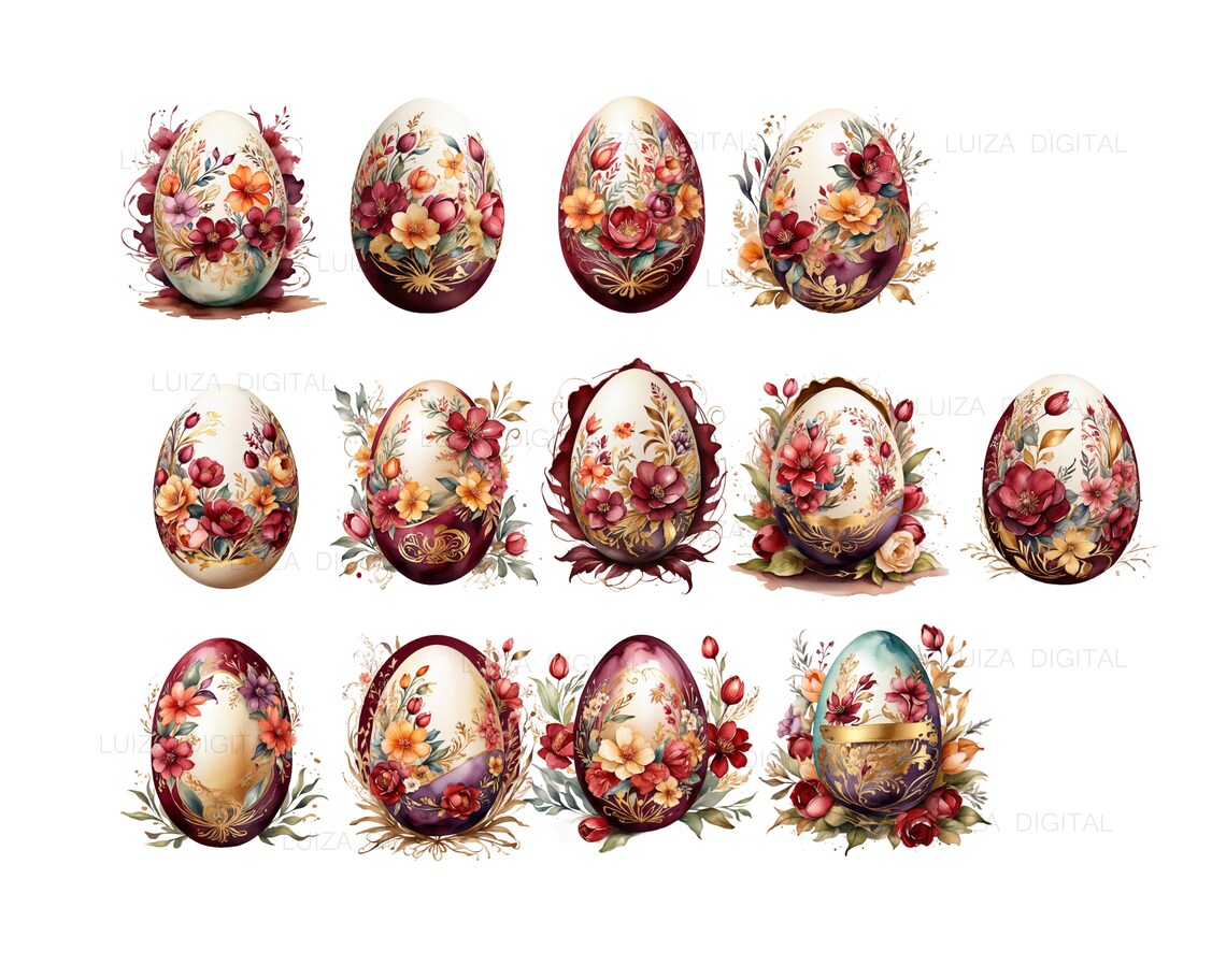 Elegant Floral Easter Egg Clipart, Gold Easter Egg Clipart, Transparent ...