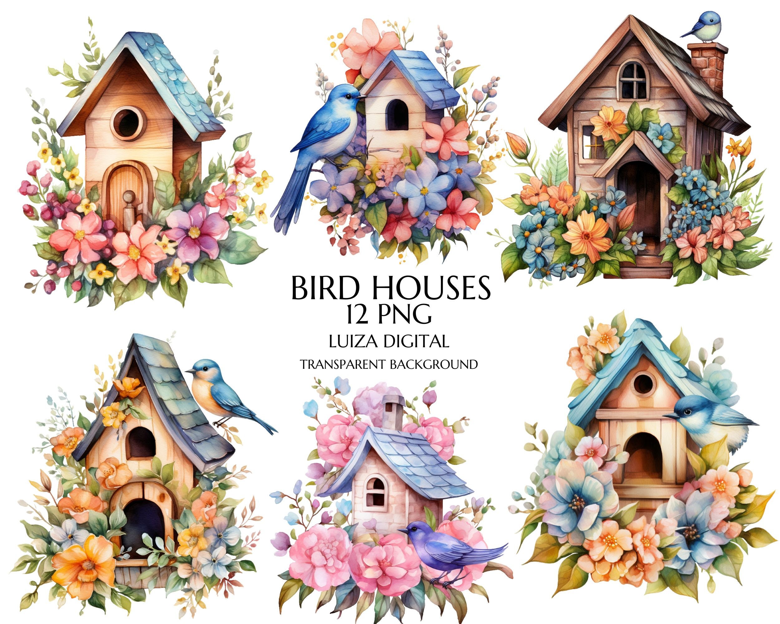Watercolor Bird Houses Clipart, Springtime Cute Birdhouses and Flowers ...