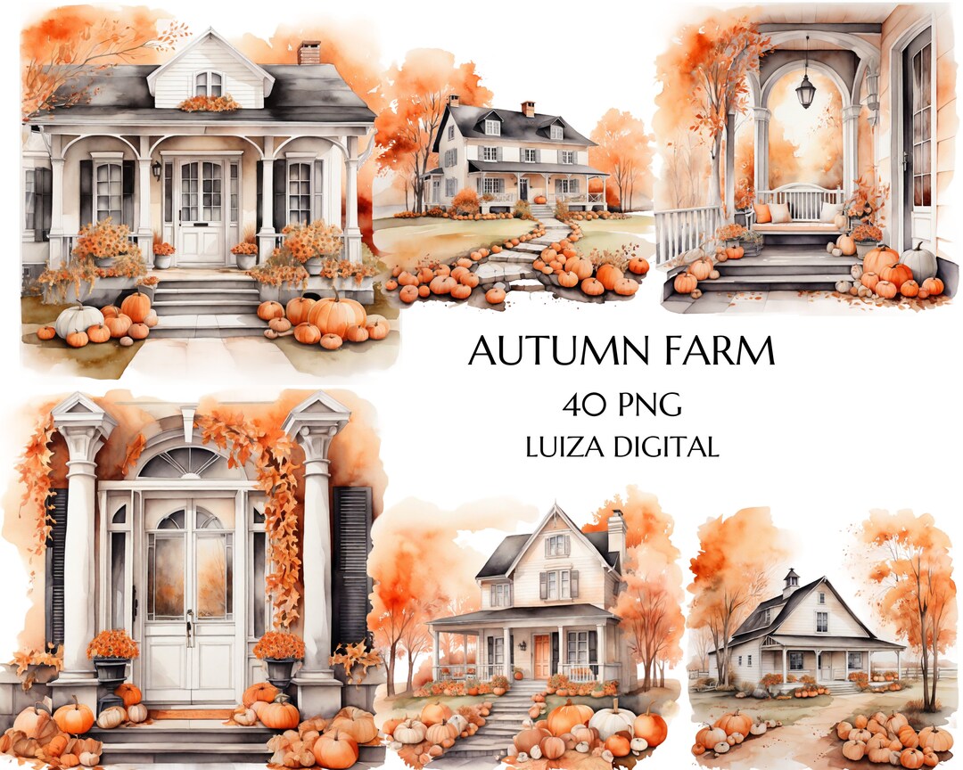 Watercolor Autumn Farmhouse Clipart, Fall Porch Clipart, Cozy Corner ...