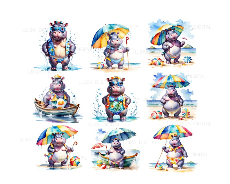 Funny Hippo Clipart, Summer Season, Watercolor Sublimation, Beach ...