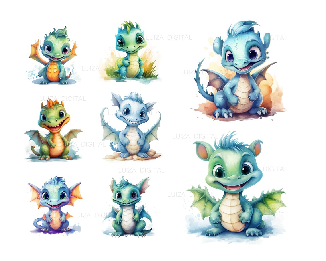 Cute Baby Dragon Clipart Bundle, Watercolor Fantasy Baby Dragon Clipart ...