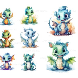 Cute Baby Dragon Clipart Bundle, Watercolor Fantasy Baby Dragon Clipart ...