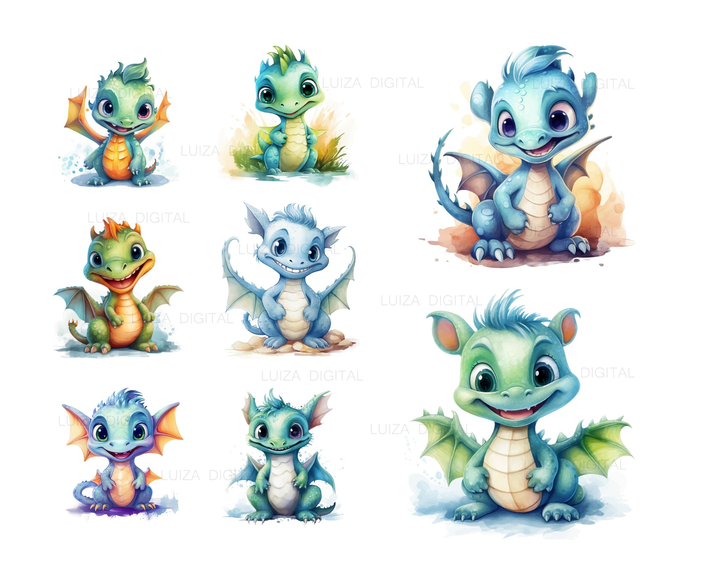 Cute Baby Dragon Clipart Bundle, Watercolor Fantasy Baby Dragon Clipart ...