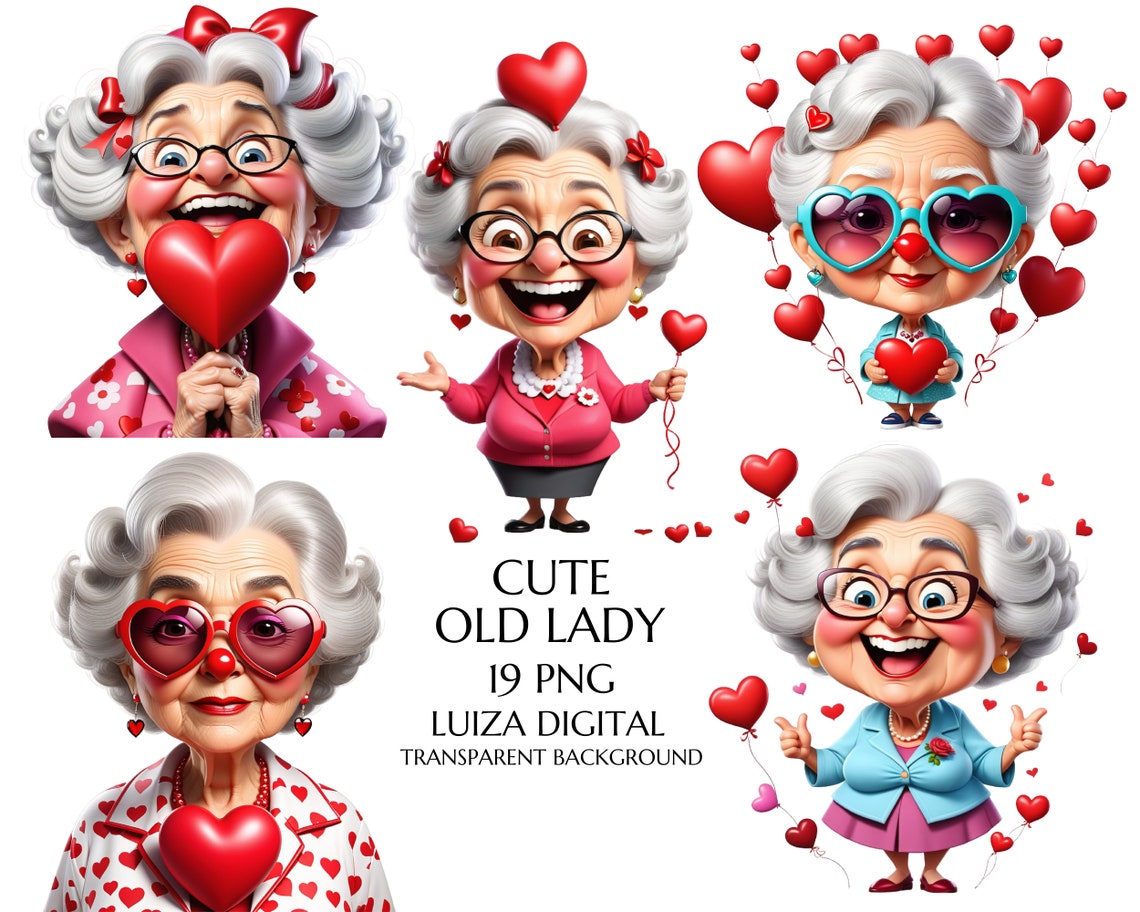 Funny Old Lady Clipart PNG, Valentines Grandmother, Happy Woman Clipart ...