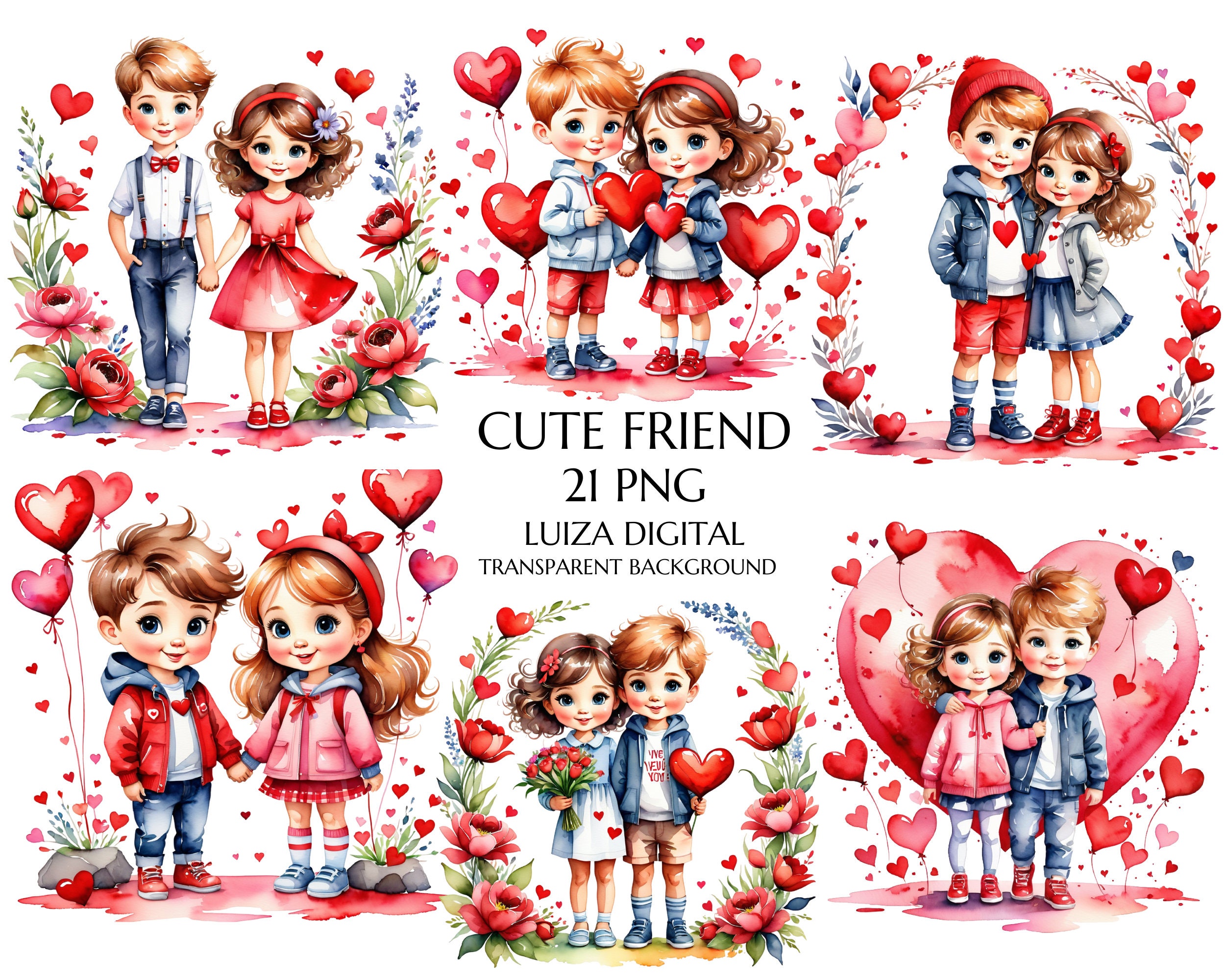Watercolor Cute Valentine's Day Clipart, Kawaii Valentines Day Hearts ...