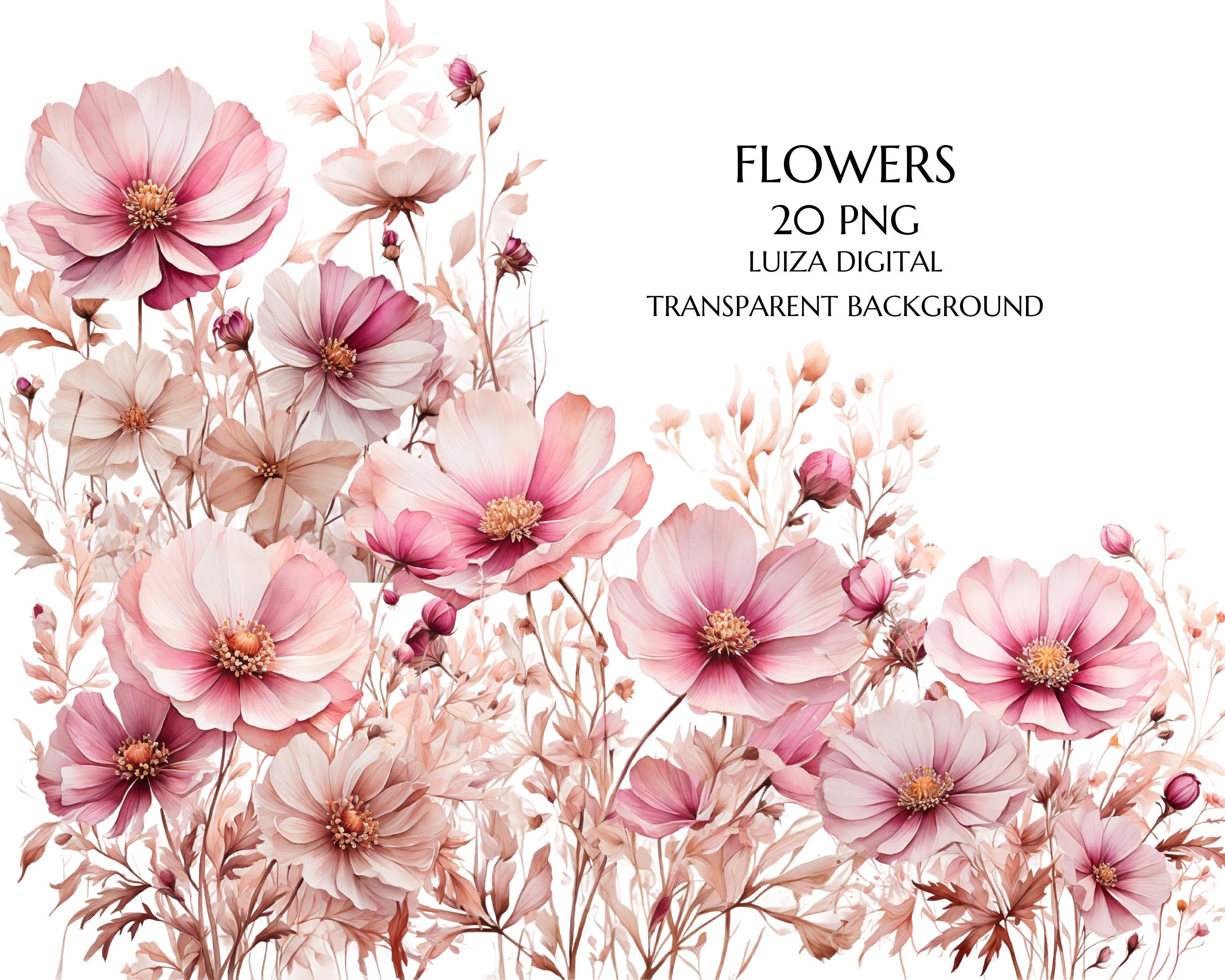 Rose Gold and Pink Wildflowers PNG, Watercolor Floral Clipart Bouquets ...