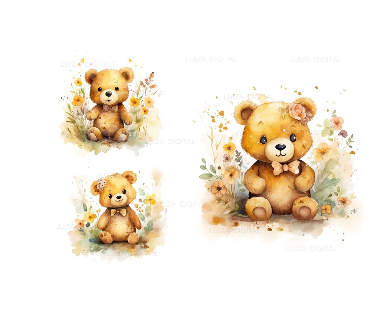Watercolor Teddy Bear Clipart, Spring Teddy Bear PNG, Newborn Clipart ...