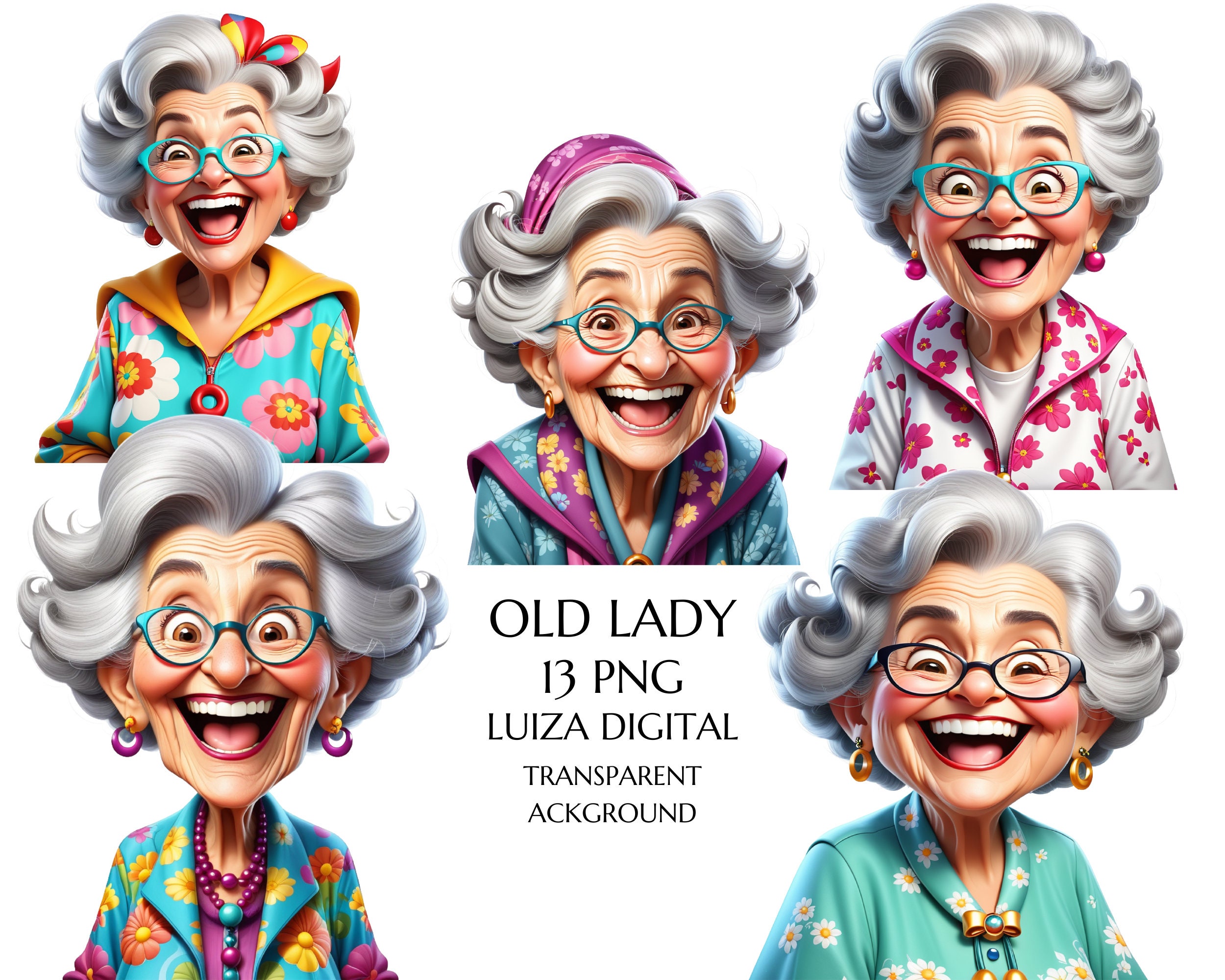 Watercolor Funny Old Lady Clipart, Funny Drunk Old Lady Png, Happy Woman Clipart, Cartoon Funny ...