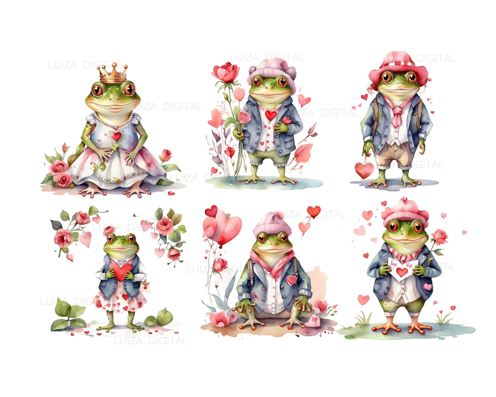 Cute Couple Frog Clipart, Watercolor Wetlands Clipart, Love Frog ...
