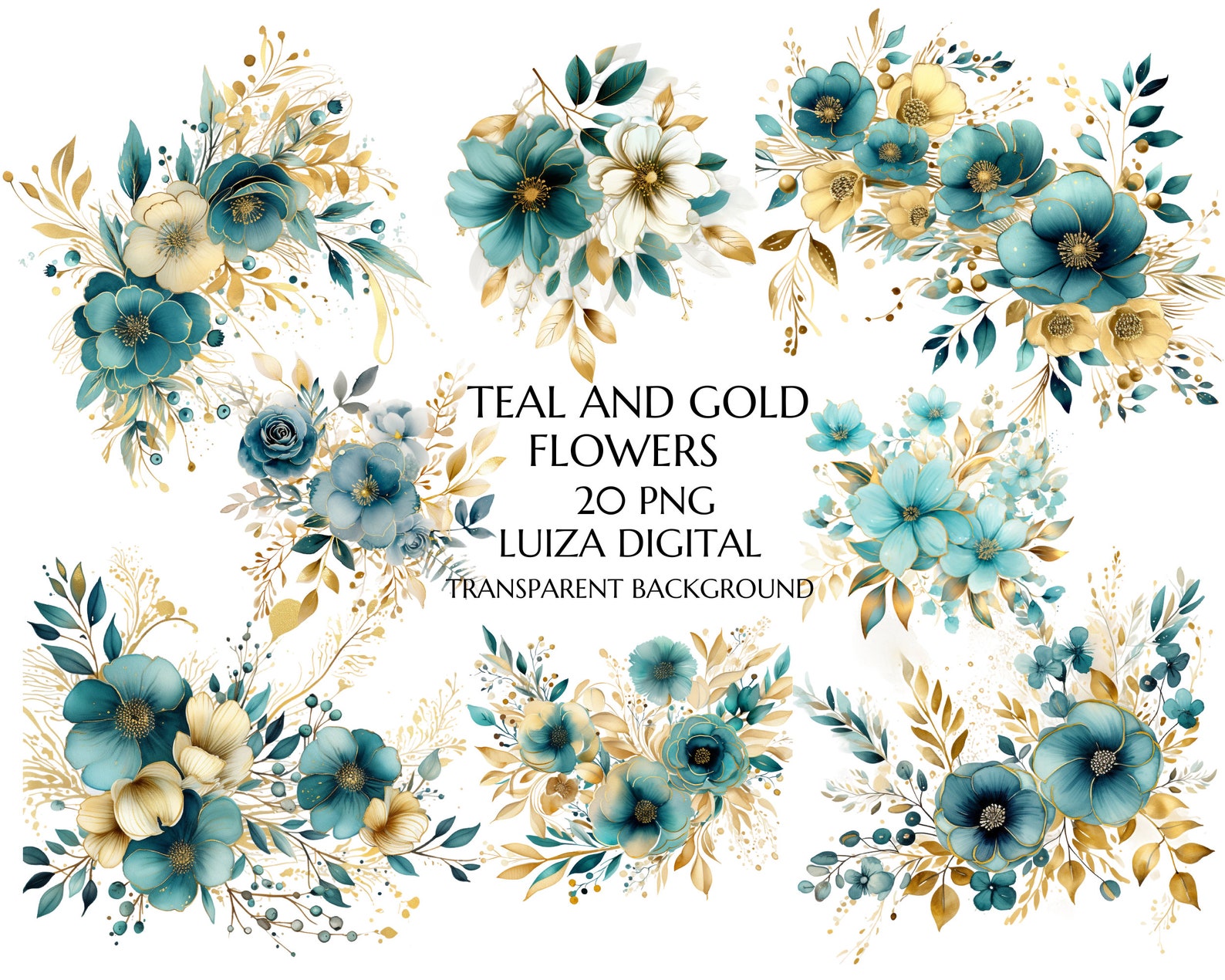 Teal and Gold Flowers PNG, Watercolor Floral Clipart Bouquets, Wedding ...
